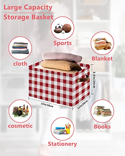 Rustic Red Checkered Storage Basket for Shelves, Valentine Red Buffalo Plaid Storage Cube Fabric Storage Bins, Closet Organizers with Handles for Book, Toys, Cloth, 15x11x9.5 Inch