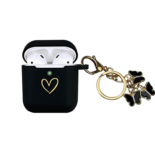 AIIEKZ Compatible with AirPods Case Cover, Soft Silicone Case with Gold Heart Pattern for AirPods 2&1 Generation Case with Cute Butterfly Keychain for Girls Women (Black)