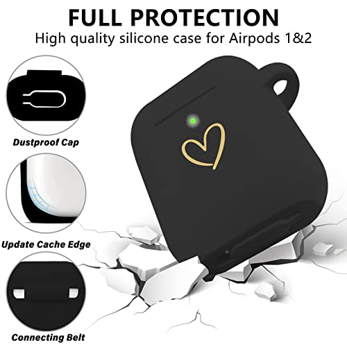 AIIEKZ Compatible with AirPods Case Cover, Soft Silicone Case with Gold Heart Pattern for AirPods 2&1 Generation Case with Cute Butterfly Keychain for Girls Women (Black)