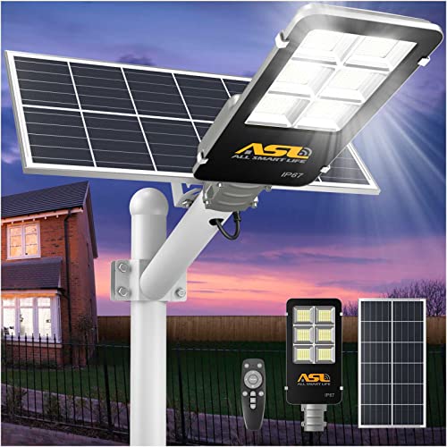 Allsmartlife Solar Street Light Outdoor Waterproof, 550W 420LED IP67 Security Led Exterior Lights with Remote Control, Street Lights Dusk to Dawn with Motion Sensor for Commercial Lighting, Yard