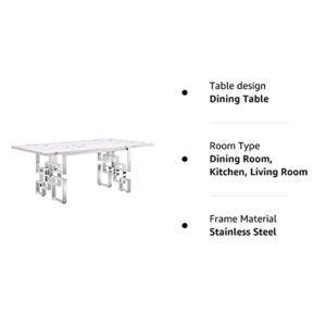 AZhome Modern Dining Table, 78 inches Rectangular Dining Room Table for 6, White Rectangle Tabletop with Silver Mirror Stainless Steel Geometric Base