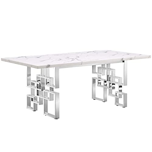 AZhome Modern Dining Table, 78 inches Rectangular Dining Room Table for 6, White Rectangle Tabletop with Silver Mirror Stainless Steel Geometric Base