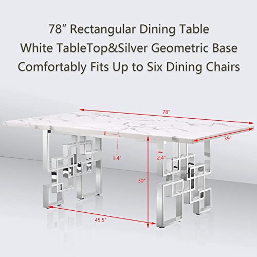 AZhome Modern Dining Table, 78 inches Rectangular Dining Room Table for 6, White Rectangle Tabletop with Silver Mirror Stainless Steel Geometric Base