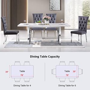 AZhome Modern Dining Table, 78 inches Rectangular Dining Room Table for 6, White Rectangle Tabletop with Silver Mirror Stainless Steel Geometric Base