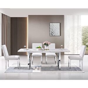 AZhome Modern Dining Table, 78 inches Rectangular Dining Room Table for 6, White Rectangle Tabletop with Silver Mirror Stainless Steel Geometric Base