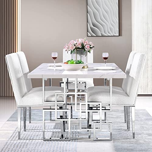 AZhome Modern Dining Table, 78 inches Rectangular Dining Room Table for 6, White Rectangle Tabletop with Silver Mirror Stainless Steel Geometric Base