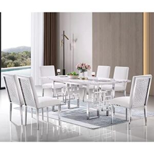 AZhome Modern Dining Table, 78 inches Rectangular Dining Room Table for 6, White Rectangle Tabletop with Silver Mirror Stainless Steel Geometric Base