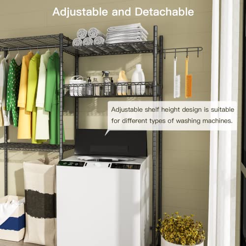 Ulif Clothes Drying Rack, Over Washer and Dryer Laundry Room Bathroom Towel Storage Shelf, Space Saver with Adjustable Shelves, Wire Basket, and Rotatable Hooks, 63.4"L x 13.4"D x 76.7"H, Black