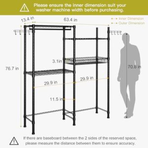 Ulif Clothes Drying Rack, Over Washer and Dryer Laundry Room Bathroom Towel Storage Shelf, Space Saver with Adjustable Shelves, Wire Basket, and Rotatable Hooks, 63.4"L x 13.4"D x 76.7"H, Black