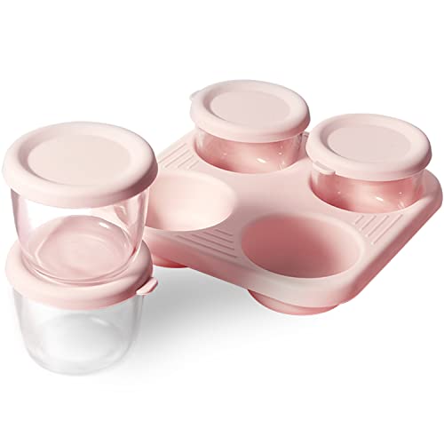 4 Packs Small Glass Baby Food Storage Containers with Lids and Stackable Tray, Leakproof Small Airtight Glass Jars, 3 Ounce