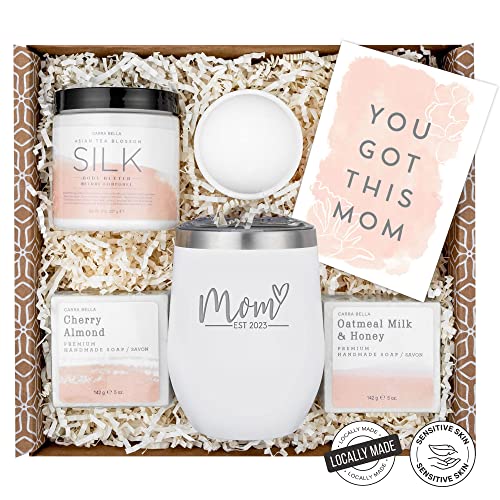 New Mom Gifts for Women - Est. 2023 Spa Basket w/ 12 oz White Tumbler Mothers Day Self Care Kit Relaxing after Birth Pregnancy First Time Moms