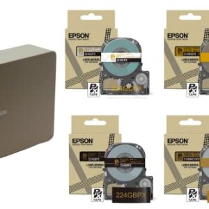 LABELWORKS Epson LW-C610PX Go for Gold Bundle – Label Maker and Gold Tapes, Gold on Black, Gold on Clear, Gold Ribbon & Metallic Gold - LW-C610PX, 224GBPX, 224GCPX, 212RBGPX, 218BMETGPX