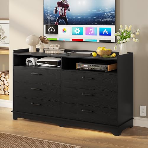 Hasuit 6 Drawers Dresser for Bedroom, Double Long Dressers Chests of Drawers with Open Cubby, Large Clothes Storage Organizer, Dimensions 14.6" D x 46.1" W x 33.6" H