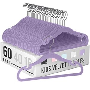 clothes baby hangers for closets - unique notches for non slip. heavy-duty velvet kids & toddler hangers for closet | ultra thin design for space saving. ganchos de ropa para bebe (60 pack purple)