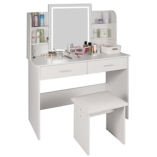 ALAPUR Makeup Vanity with Lights, Vanity Desk with 2 Drawers and 6 Storage Shelves, Cushioned Stool,3 Lighting Colors,White