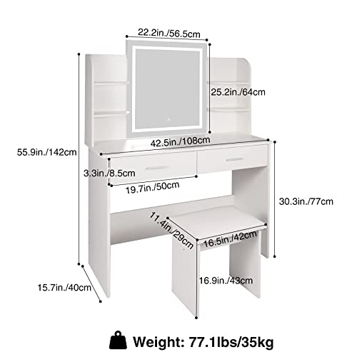 ALAPUR Makeup Vanity with Lights, Vanity Desk with 2 Drawers and 6 Storage Shelves, Cushioned Stool,3 Lighting Colors,White