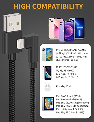 6.6FT iPhone Charger 90 Degree,[Apple MFi Certified] 3Pack USB to Lightning Cable Right Angle,Nylon Braided iPhone Fast Charging Cord for iPhone 14 13 12 11 Pro Max XR XS X 8 7 6 Plus SE iPad Air Mini