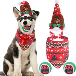 PAWCHIE Christmas Dog Costume - Christmas Dog Outfit Dog Santa Hat Bandana Tennis Balls, Xmas Triangle Bib Scarf Squeaky Toys Xmas Hat Accessories for Small Medium Dogs