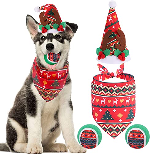 PAWCHIE Christmas Dog Costume - Christmas Dog Outfit Dog Santa Hat Bandana Tennis Balls, Xmas Triangle Bib Scarf Squeaky Toys Xmas Hat Accessories for Small Medium Dogs