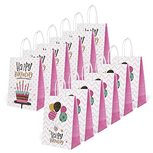 Pasisor 24 Pack Happy Birthday Medium Ready-To-Go Gift Bag, Cute Party Favor Paper Bags with Handles Bulk (Pink,Balloon&Cake)