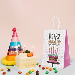 Pasisor 24 Pack Happy Birthday Medium Ready-To-Go Gift Bag, Cute Party Favor Paper Bags with Handles Bulk (Pink,Balloon&Cake)