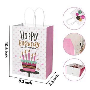 Pasisor 24 Pack Happy Birthday Medium Ready-To-Go Gift Bag, Cute Party Favor Paper Bags with Handles Bulk (Pink,Balloon&Cake)