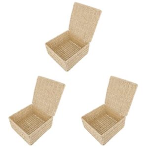 cabilock 3pcs drawer bedroom wicker handwoven vanity bin small organizer rattan table lid gift fruit bathroom laundry bread decorative square organizing straw flower paper with storage