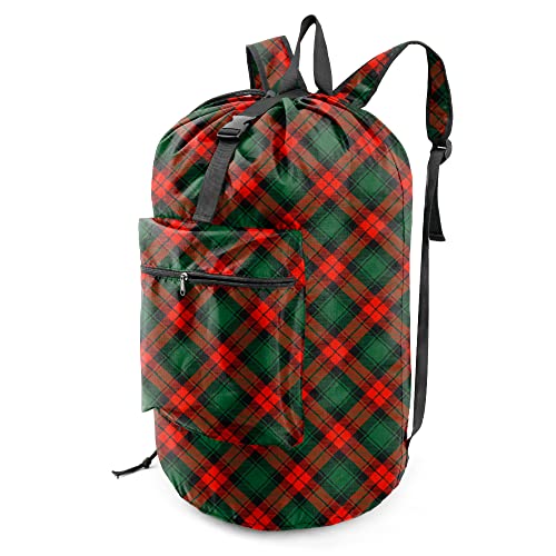 BeeGreen Red And Green Plaid Christmas Laundry Bag with Drawstring & Handle Room Essentials w Adjustable Shoulder Straps Washable Clothes Hamper College Essentials Laundry Travel Bag Santa Sack Gift Wrap