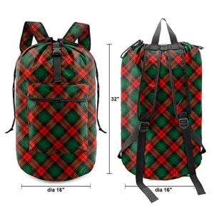 BeeGreen Red And Green Plaid Christmas Laundry Bag with Drawstring & Handle Room Essentials w Adjustable Shoulder Straps Washable Clothes Hamper College Essentials Laundry Travel Bag Santa Sack Gift Wrap