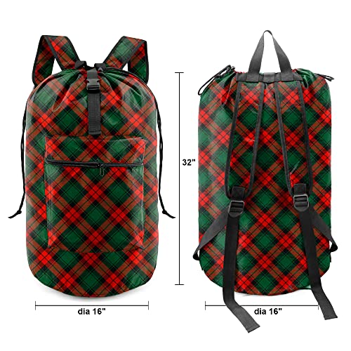 BeeGreen Red And Green Plaid Christmas Laundry Bag with Drawstring & Handle Room Essentials w Adjustable Shoulder Straps Washable Clothes Hamper College Essentials Laundry Travel Bag Santa Sack Gift Wrap