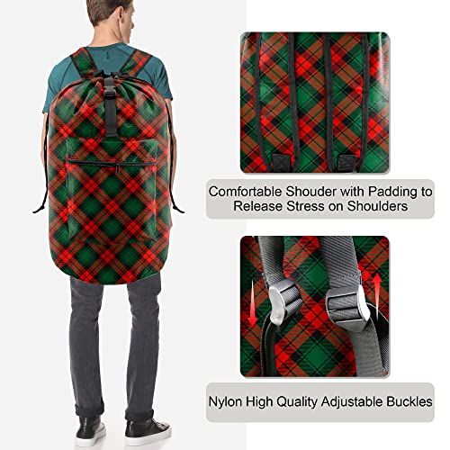 BeeGreen Red And Green Plaid Christmas Laundry Bag with Drawstring & Handle Room Essentials w Adjustable Shoulder Straps Washable Clothes Hamper College Essentials Laundry Travel Bag Santa Sack Gift Wrap