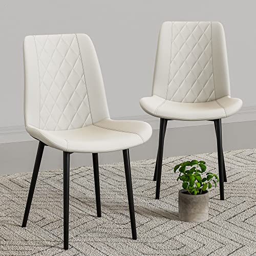 SunsGrove Beige Dining Chairs in Faux Leather with Soft Cushion, Metal Legs Loading Up to 350lbs Modern Kitchen Chairs for Dining, Living Room, Bedroom Side Chairs, Set of 2