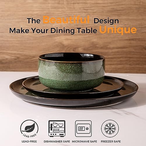 LERATIO Ceramic Dinner Plates Set of 6, 10.5 Inch Reactive Glaze Porcelain Plates, Modern Shape Dinnerware Dishes Set for Kitchen,Microwave&Dishwasher&Oven Safe, Scratch Resistant-Green