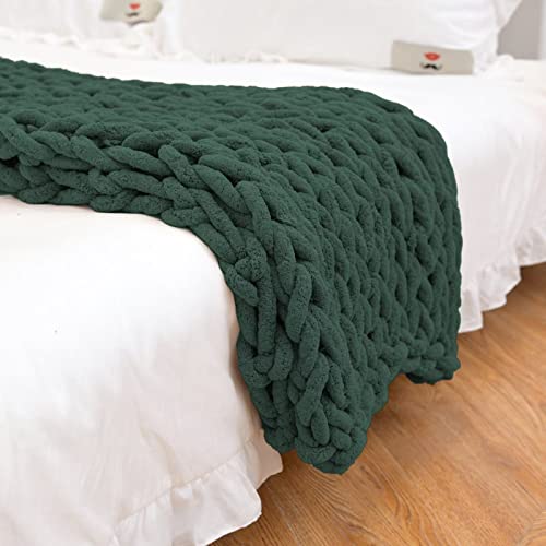 VBGYA Chunky Knit Blanket Throw, Chenille Throw 40x40 Inch Hand-Knitted Warm Cozy Blanket Thick Throw Blanket, Soft Boho Casual Throw Blanket Sofa Bed Rug Home Decor Gift - Dark Green