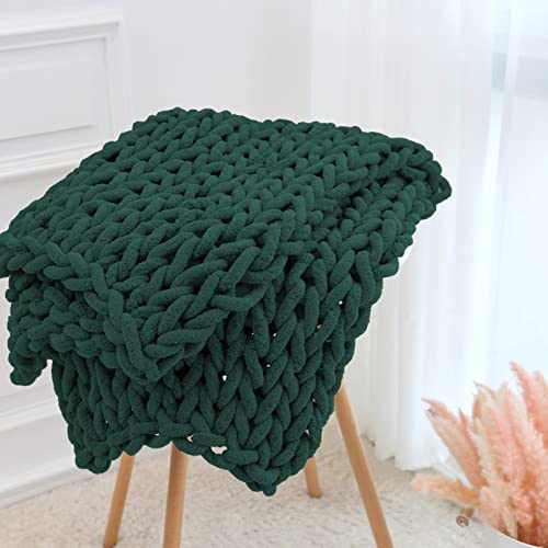 VBGYA Chunky Knit Blanket Throw, Chenille Throw 40x40 Inch Hand-Knitted Warm Cozy Blanket Thick Throw Blanket, Soft Boho Casual Throw Blanket Sofa Bed Rug Home Decor Gift - Dark Green