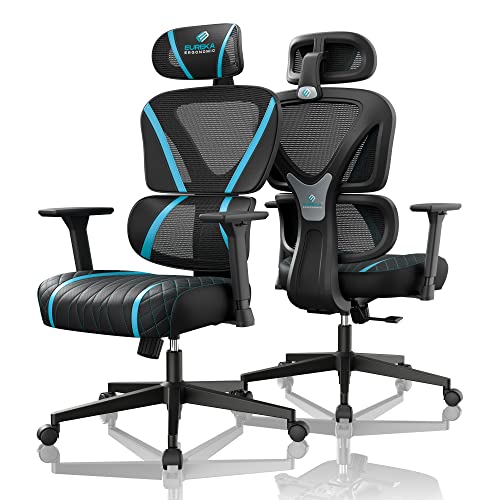 EUREKA ERGONOMIC Gaming Chair,Mesh Home Office Desk Chairs,Dual Back 3D Lumbar Support,Adjustable Armrest Headrest,Hight Back,Breathable Comfortable PC Computer Sillas Gamer Reclining Chair（Blue）