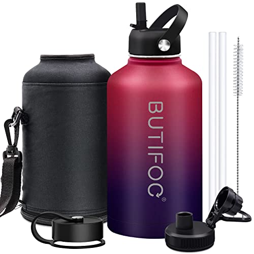 Butifoc Insulated Water Bottle, 64 oz Water Bottles with Straw & 3 Lids, Large Half Gallon Vacuum Metal Stainless Steel Travel Flask Keep Cold & Hot, Reusable Leak Proof Water Jug for Sports, Gym