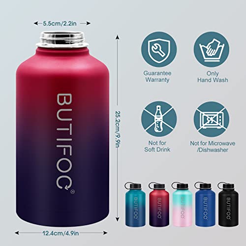 Butifoc Insulated Water Bottle, 64 oz Water Bottles with Straw & 3 Lids, Large Half Gallon Vacuum Metal Stainless Steel Travel Flask Keep Cold & Hot, Reusable Leak Proof Water Jug for Sports, Gym