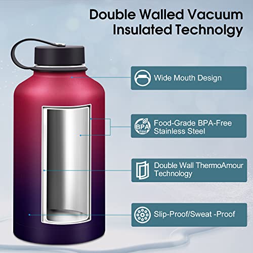 Butifoc Insulated Water Bottle, 64 oz Water Bottles with Straw & 3 Lids, Large Half Gallon Vacuum Metal Stainless Steel Travel Flask Keep Cold & Hot, Reusable Leak Proof Water Jug for Sports, Gym