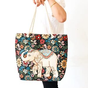 HODAKJUE Canvas Tote Bag for Women Girls, Floral Elephant Pattern Grocery Bag Shopping Bag With Inner Pocket For Travel Work Beach