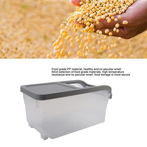 Rice Storage Box, 10KG Transparent Grain Dispenser Container with Slide Cover Wheels and Measuring Cup (Grey)