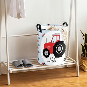 Red Tractor Pattern Laundry Basket Personalized with Name Laundry Hamper with Handle Organizer Storage Bin Bedroom Decor for Boys Girls Adults