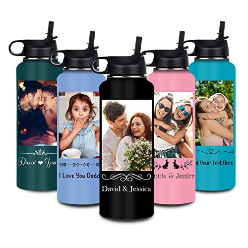 Personalized Water Bottles with Straw Lid, Custom 18oz Stainless Steel Sports Water Bottle with Photo Text-Double Wall Insulated Gift Cup for Girls Boys Women Men School Sports