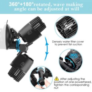 AQQA Aquarium Wave Maker,8W/12W/20W/25W Suction Cup Fish Tank Double Powerhead Pump，110V/60Hz Ultra Quiet Submersible Circulation Pump,360°+180°Adjustable For Freshwater Saltwater