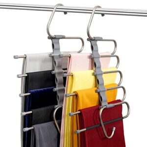 pants hangers space saving-2 pack multiple layer pants hangers for closet organizer multifunctional pants rack hangers for jean leggings scarf closet hangers space saver(2 pack with 10 fixed clips)