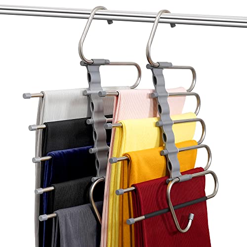 Pants Hangers Space Saving-2 Pack Multiple Layer Pants Hangers for Closet Organizer Multifunctional Pants Rack Hangers for Jean Leggings Scarf Closet Hangers Space Saver(2 Pack with 10 Fixed Clips)