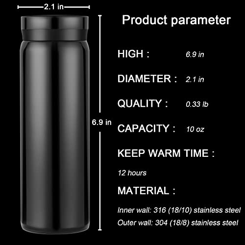 10oz Mini Water Bottle Stainless Steel Thermos Small Flask - Insulated Vacuum, Leak Proof, Keeps Drinks Hot/Cold - Ideal for Coffee, Tea, Water - Black