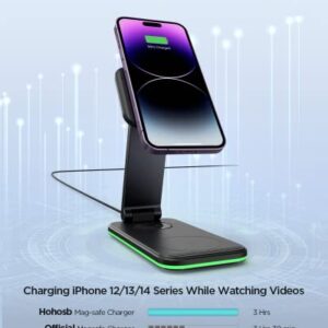 Mag-Safe Wireless Charger-Hohosb 3 in 1 Mag-Safe Charging Station,Magnetic Foldable Charging Stand for iPhone 14/13/12 Series,AirPods Pro/2/3,iWatch 8/7/6/SE/5/4/3/2-Black(18W Adapter Included)