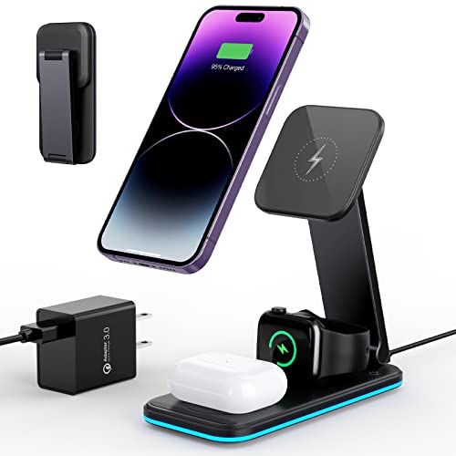 Mag-Safe Wireless Charger-Hohosb 3 in 1 Mag-Safe Charging Station,Magnetic Foldable Charging Stand for iPhone 14/13/12 Series,AirPods Pro/2/3,iWatch 8/7/6/SE/5/4/3/2-Black(18W Adapter Included)