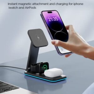 Mag-Safe Wireless Charger-Hohosb 3 in 1 Mag-Safe Charging Station,Magnetic Foldable Charging Stand for iPhone 14/13/12 Series,AirPods Pro/2/3,iWatch 8/7/6/SE/5/4/3/2-Black(18W Adapter Included)